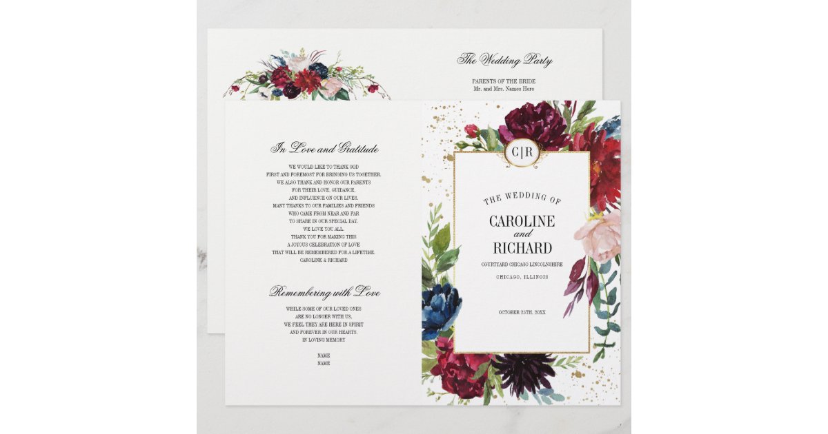 Burgundy | Blue | Red Floral Wedding Program | Zazzle