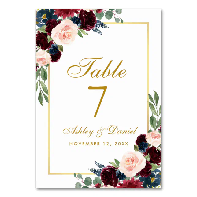 Burgundy Blue Watercolor Floral Gold Wedding Table Number | Zazzle