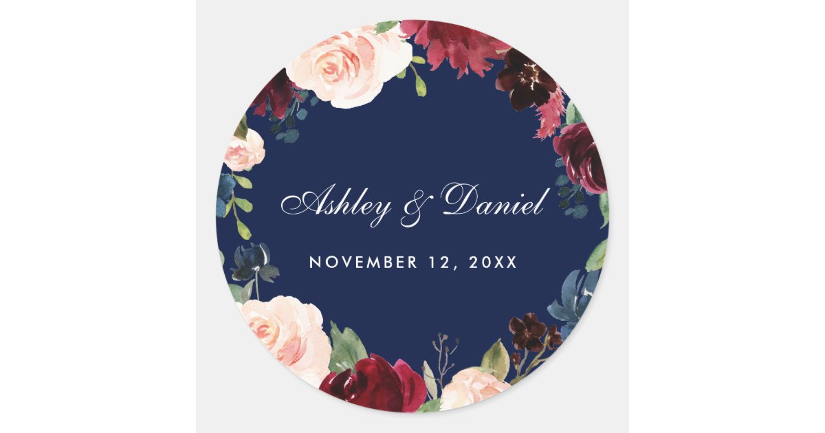 Burgundy Blue Watercolor Floral Wedding Classic Round Sticker | Zazzle