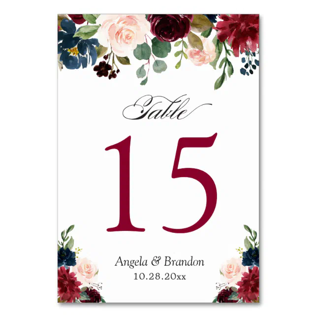 Burgundy Blush Blue Floral Wedding Table Number | Zazzle