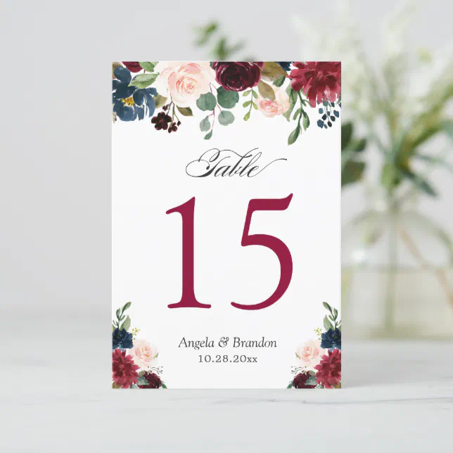 Burgundy Blush Blue Floral Wedding Table Numbers | Zazzle