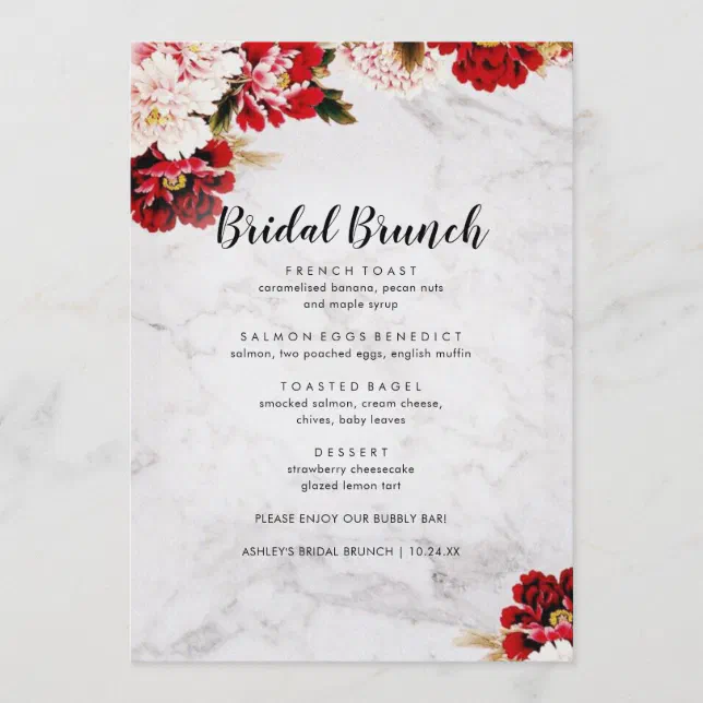 Burgundy Blush Elegant Bridal Brunch Menu | Zazzle
