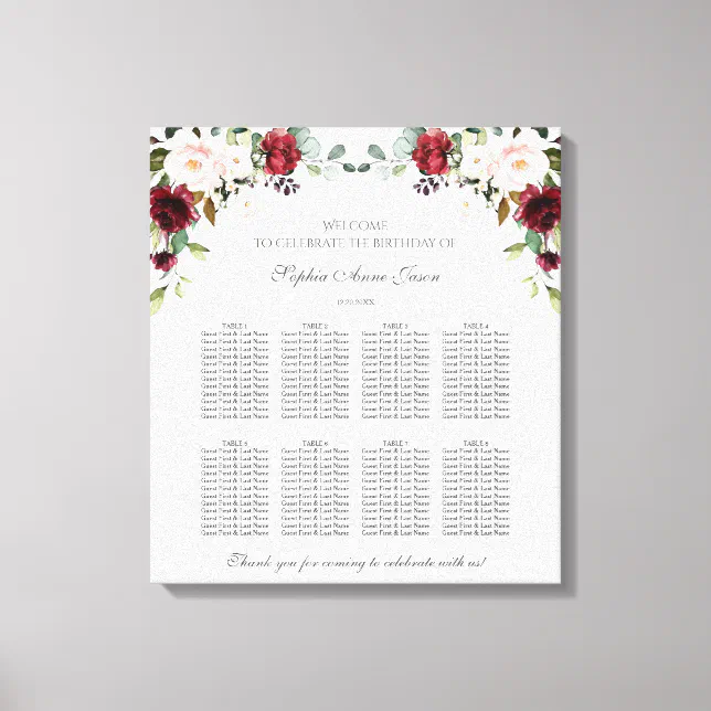 Burgundy Blush Floral Birthday Seating Chart Canvas Print | Zazzle