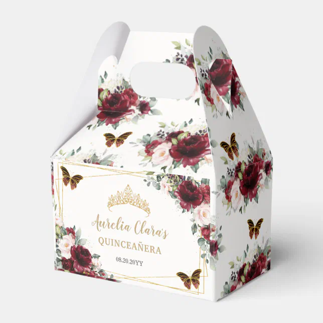 Burgundy Blush Floral Butterflies Gold Tiara Favor Boxes | Zazzle