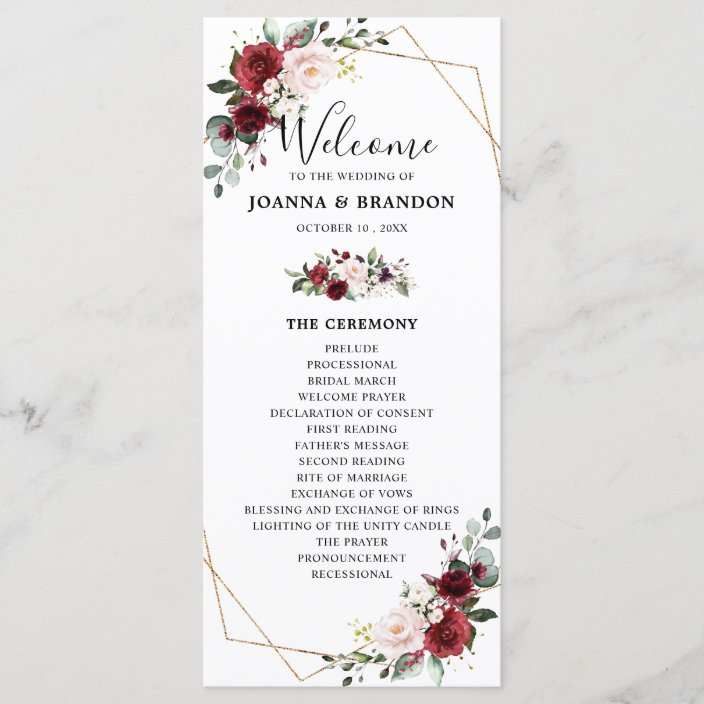 Burgundy Blush Floral Geometric Wedding Reception Program | Zazzle.com