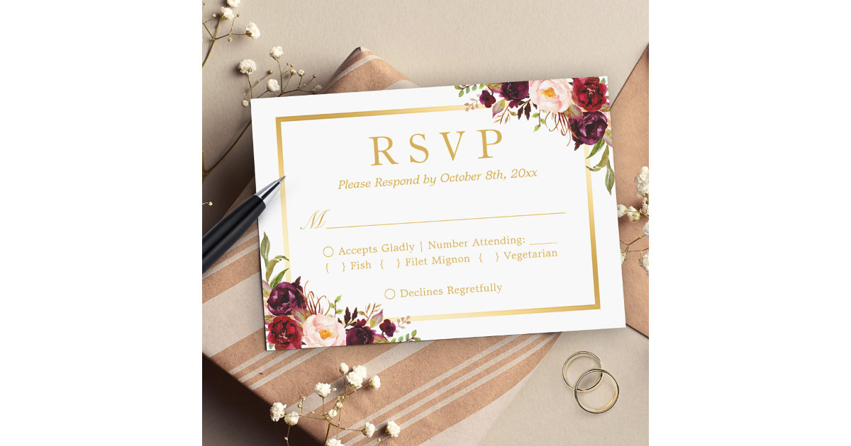 Burgundy Blush Floral Gold Frame Wedding RSVP Card | Zazzle