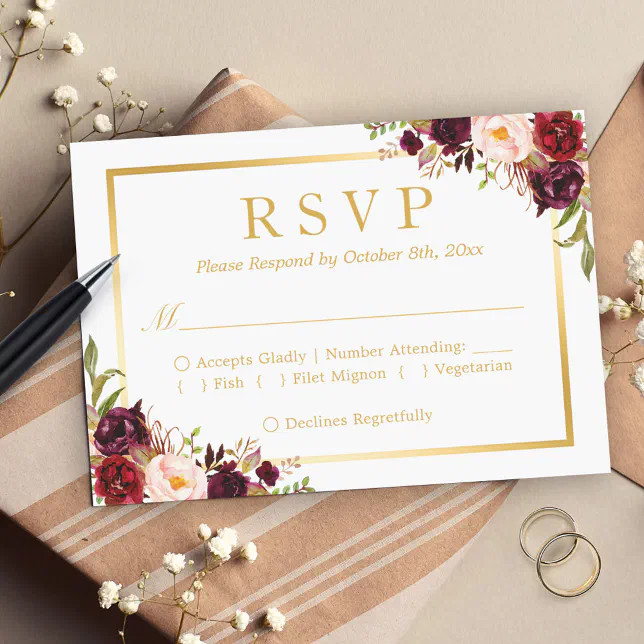 Burgundy Blush Floral Gold Frame Wedding RSVP Card | Zazzle