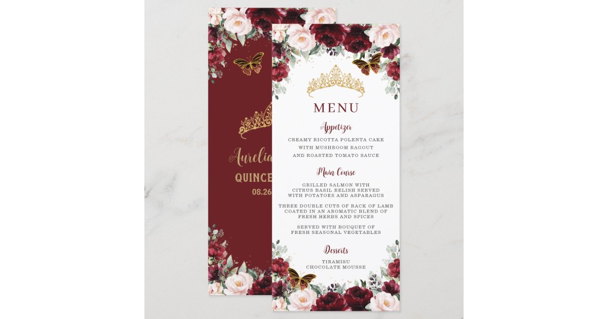 Burgundy Blush Floral Gold QUINCEAÑERA Party Menu | Zazzle