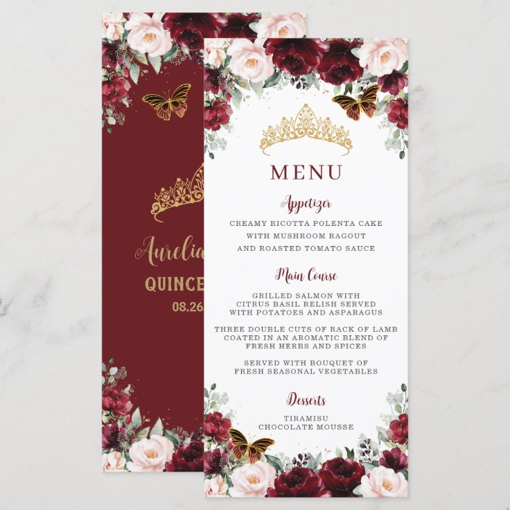 Burgundy Blush Floral Gold QUINCEAÑERA Party Menu | Zazzle