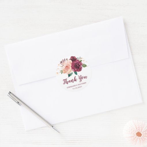 Burgundy Blush Floral Lights Wedding Thank You Classic Round Sticker