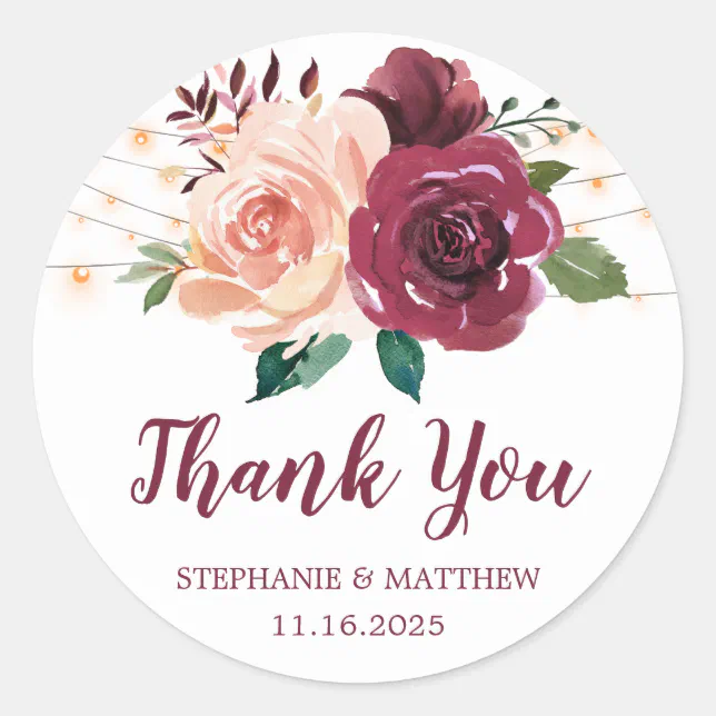 Burgundy Blush Floral Lights Wedding Thank You Classic Round Sticker