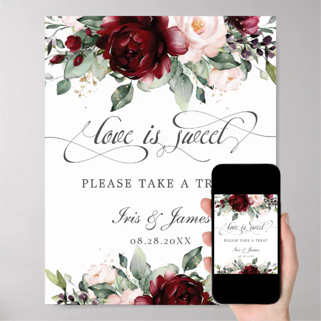 Burgundy Blush Floral Love is Sweet Take a Treat Poster | Zazzle