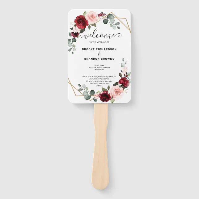 Burgundy Blush Floral Modern Geometric Program Hand Fan | Zazzle