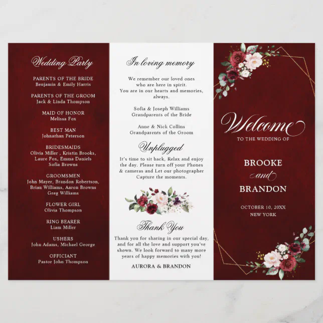 Burgundy Blush Floral Modern Wedding Program | Zazzle