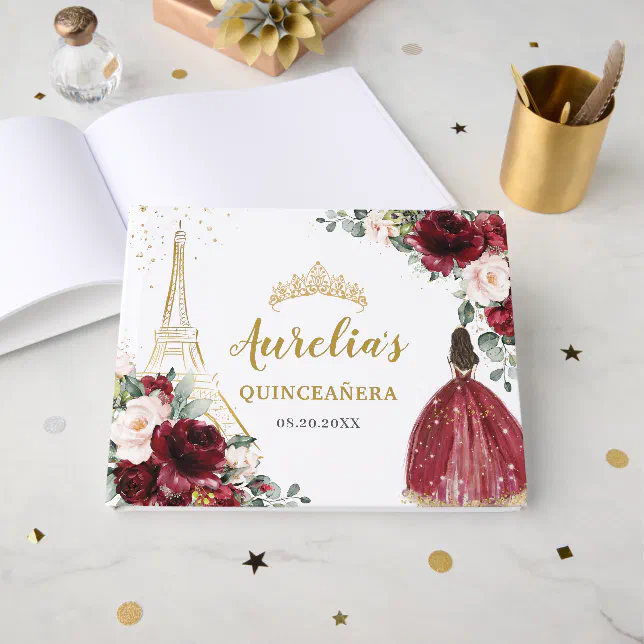 Burgundy Blush Floral Paris Eiffel Quinceanera XV Guest Book | Zazzle