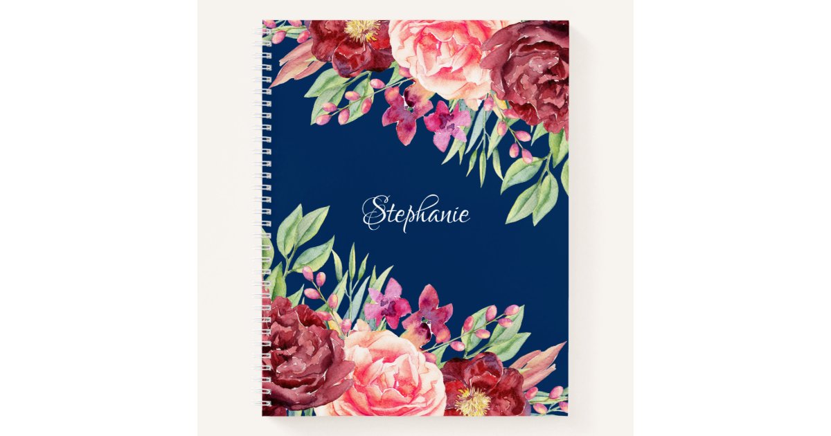 Burgundy Blush Floral Personalized Name Navy Blue Notebook | Zazzle