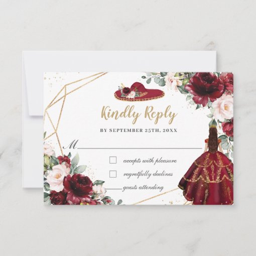 Burgundy Blush Floral Quinceañera Charro Hat RSVP Card | Zazzle