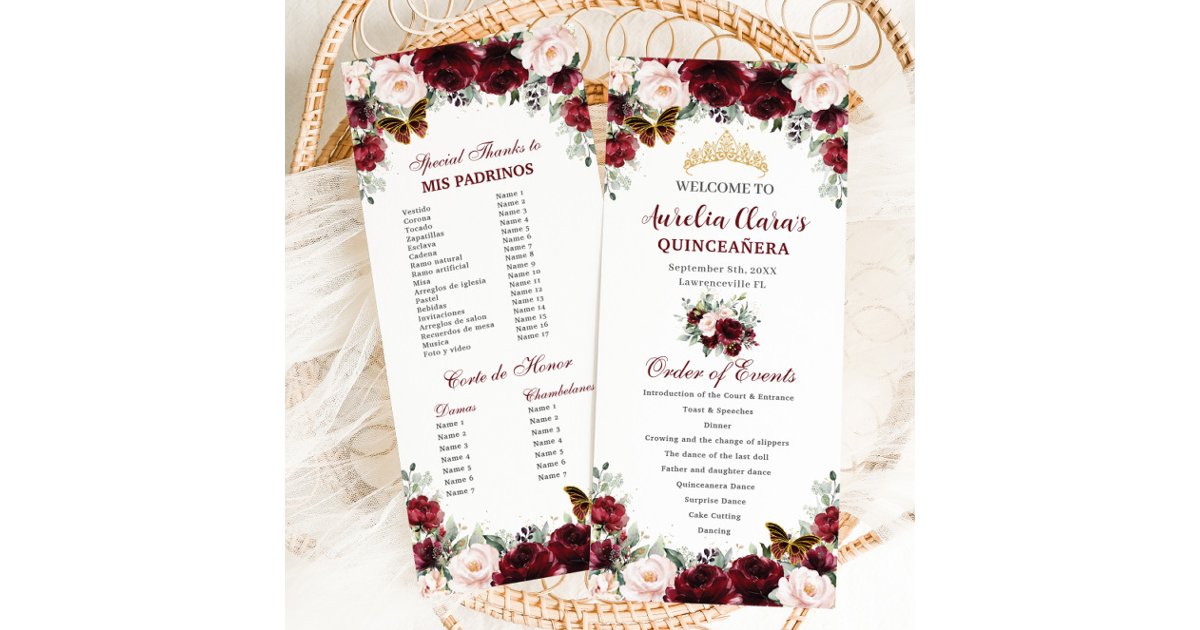 Burgundy Blush Floral QUINCEAÑERA Order of Events Program | Zazzle