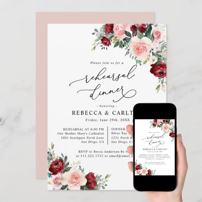 Burgundy Blush Floral Rehearsal Dinner Invitation | Zazzle