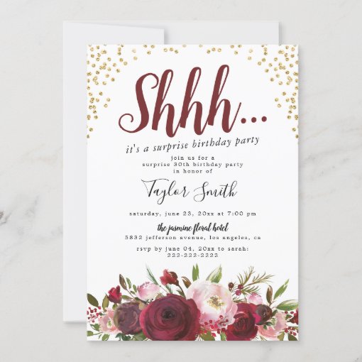 Burgundy Blush Floral Surprise Birthday Party Invitation | Zazzle