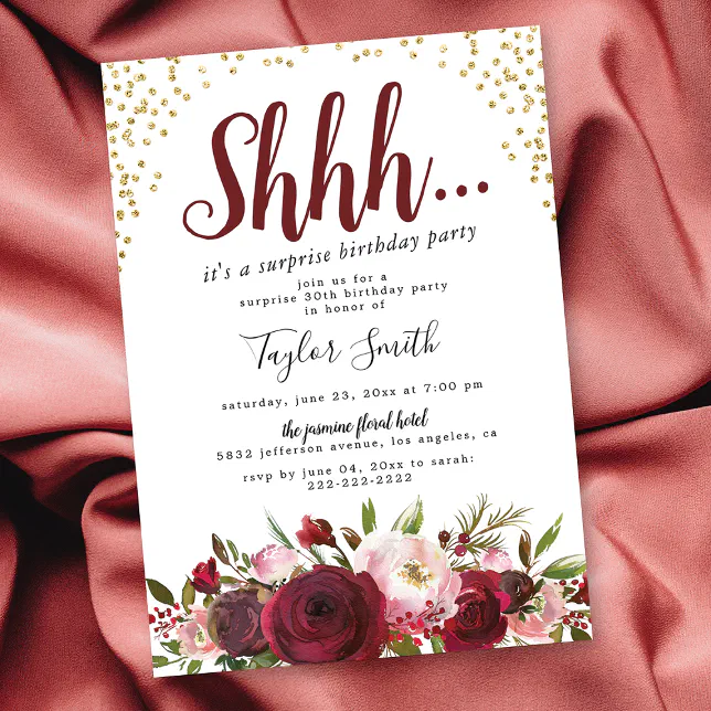 Burgundy Blush Floral Surprise Birthday Party Invitation | Zazzle