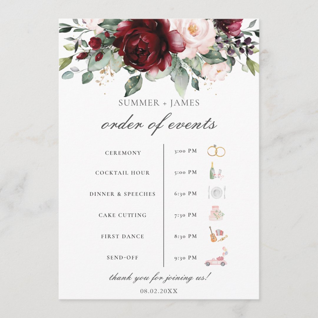 Burgundy Blush Floral Wedding Order of Event Program | Zazzle