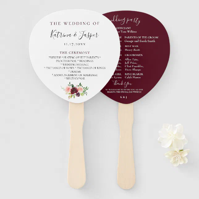 Burgundy Blush Floral Wedding Program Hand Fans | Zazzle