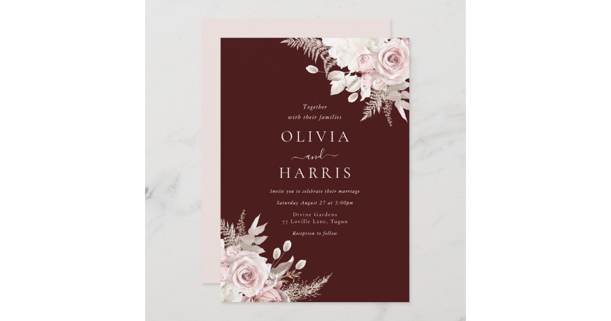 Burgundy Blush & Ivory Elegant Floral Wedding Invitation | Zazzle Burgundy Blush & Ivory Elegant Floral Wedding Invitation | Zazzle
