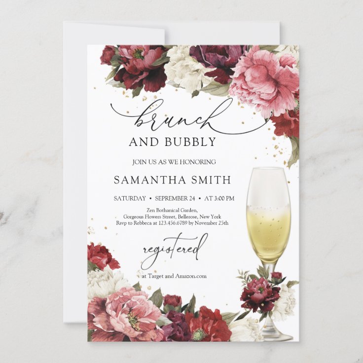 Burgundy blush maroon flowers brunch and bubbly invitation | Zazzle