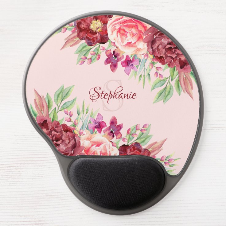 Burgundy Blush Modern Floral Monogram Gel Mouse Pad | Zazzle