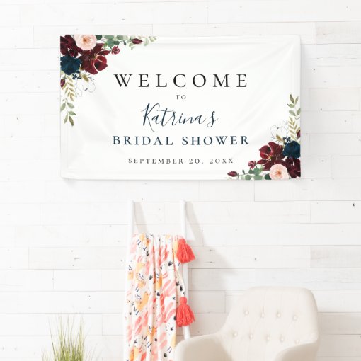 Burgundy Blush Navy Watercolor Floral Banner | Zazzle