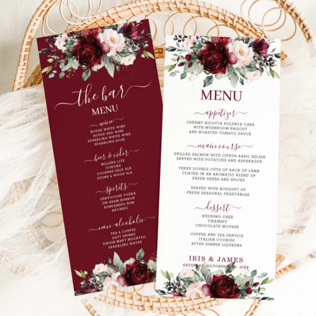 Burgundy Blush Pink Floral Wedding Food Bar Menu | Zazzle
