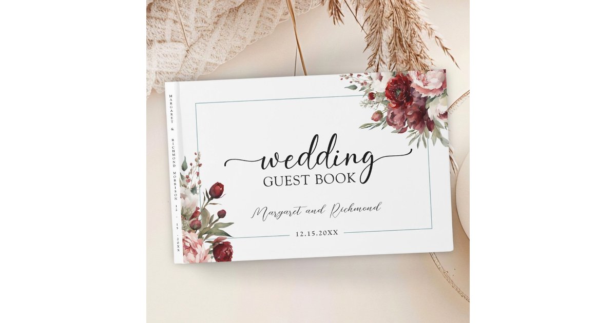 Burgundy Blush Pink Floral Wedding Guest Book | Zazzle
