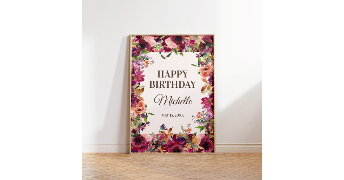 Burgundy Blush Pink Happy Birthday Party Poster | Zazzle