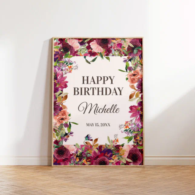 Burgundy Blush Pink Happy Birthday Party Poster | Zazzle