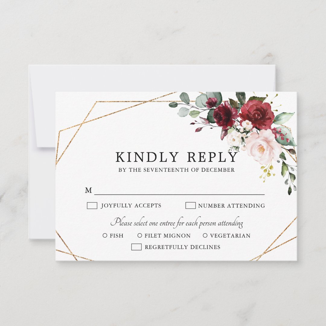 Burgundy Blush Pink Rose Boho Geometric Wedding RSVP Card | Zazzle