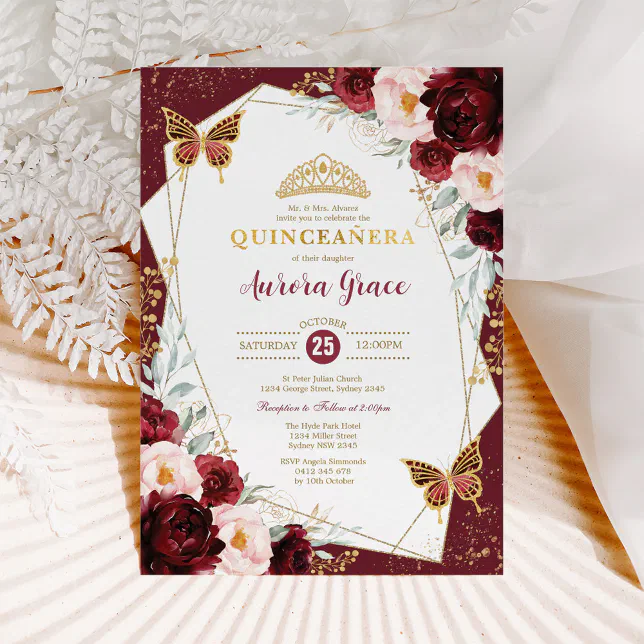 Burgundy Blush Quinceañera Butterflies Mis Quince Invitation | Zazzle