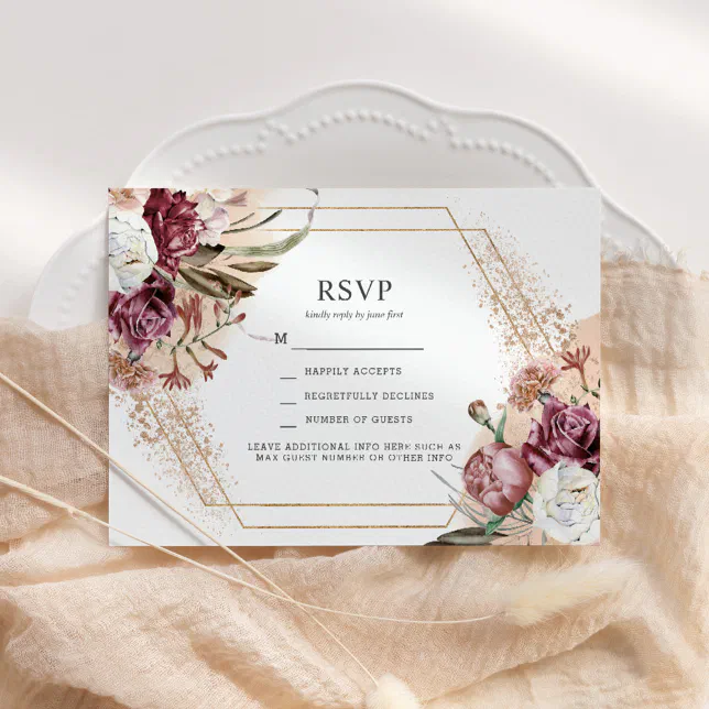 Burgundy, Blush & Rose Gold Elegant Boho RSVP Invi Invitation | Zazzle