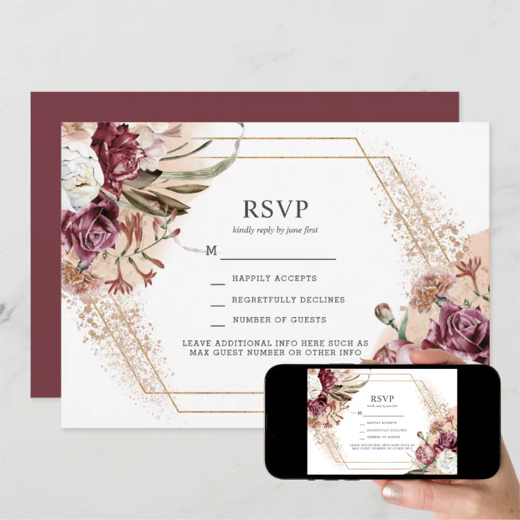 Burgundy, Blush & Rose Gold Elegant Boho RSVP Invi Invitation | Zazzle