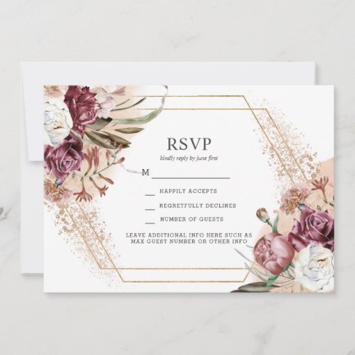 Burgundy, Blush & Rose Gold Elegant Boho RSVP Invi Invitation | Zazzle