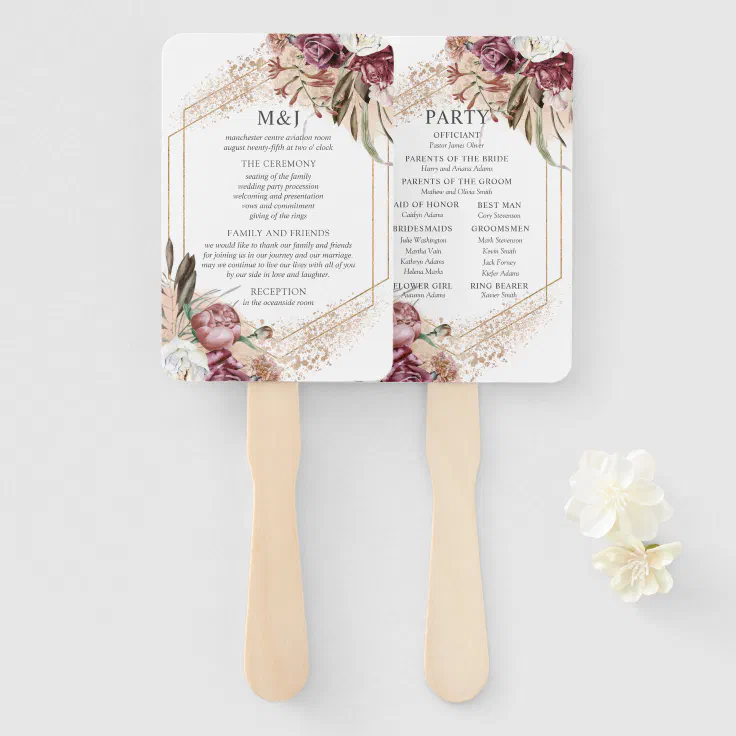 Burgundy, Blush & Rose Gold Elegant Program Hand Fan | Zazzle