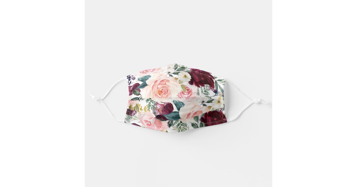 Burgundy Blush Watercolor Floral Pattern Adult Cloth Face Mask | Zazzle