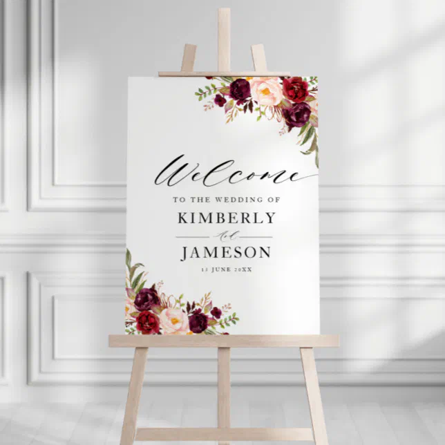 Burgundy & blush welcome wedding sign | Zazzle