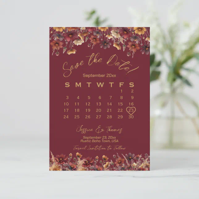Burgundy Boho Chic Wildflowers Wedding Calendar Save The Date | Zazzle