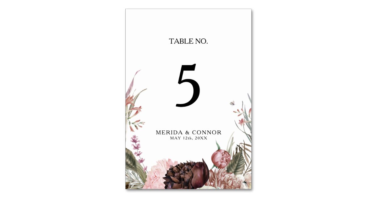 Burgundy Boho Floral Table Number | Zazzle