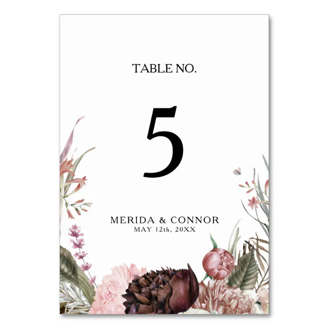 Burgundy Boho Floral Table Number | Zazzle