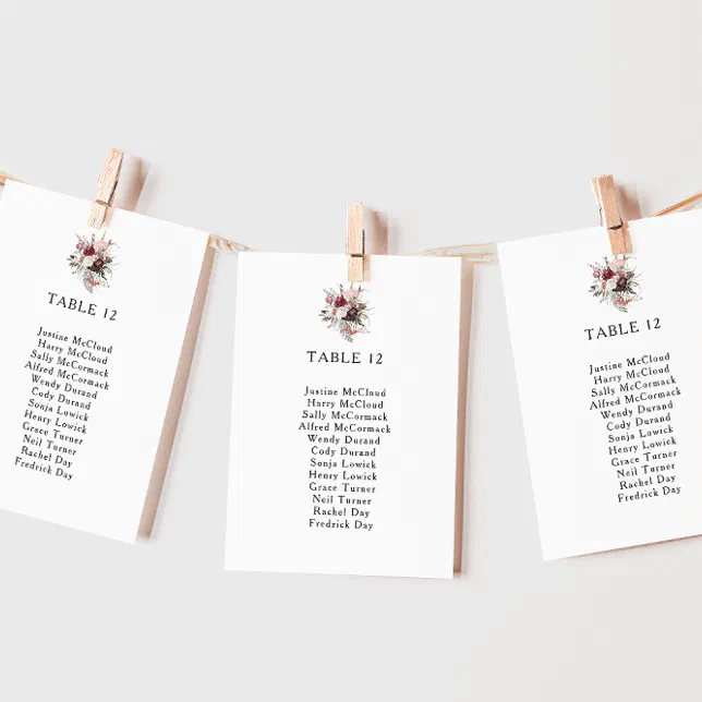 Burgundy Boho Floral Table Number Seating Chart | Zazzle