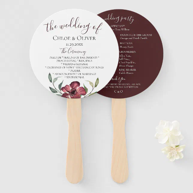 Burgundy Botanical Wedding Program Hand Fan | Zazzle