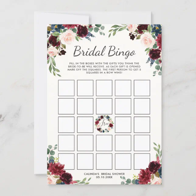 Burgundy Bouquet | Bridal Shower Bingo Game Invitation | Zazzle