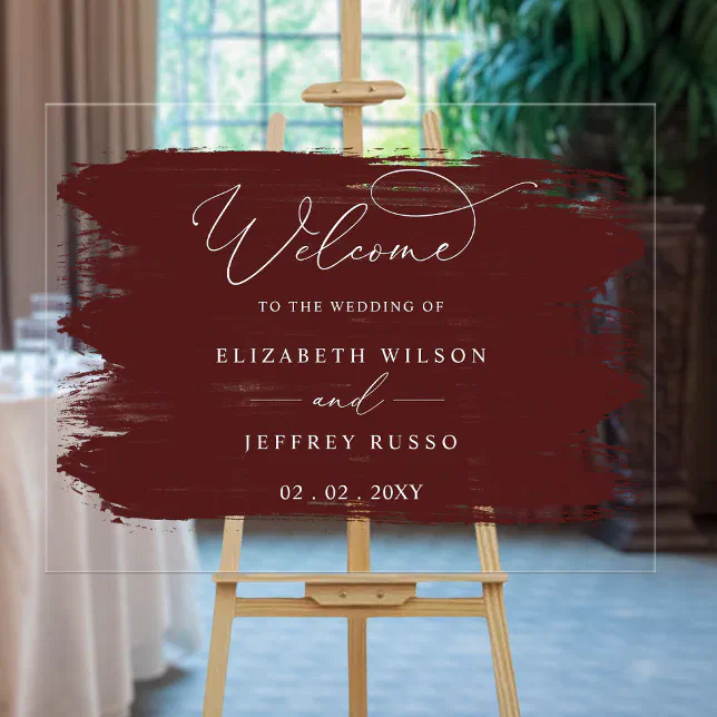 Burgundy Brush Strokes Wedding Welcome Sign | Zazzle